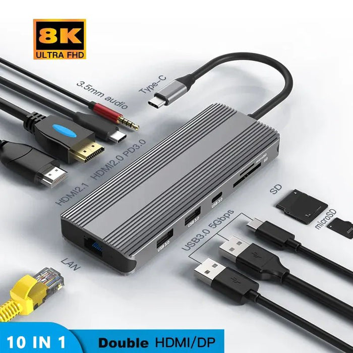 10-in-1 USB-C Docking Station with Dual 8K@30Hz HDMI, 5Gbps USB 3.0, 1