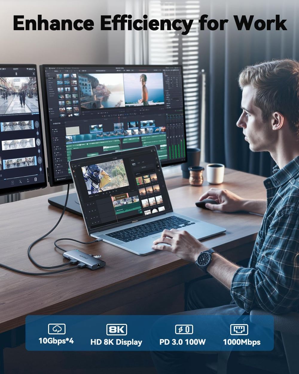 QGeeM USB C Hub,8 in 1 Extender Splitter with Single 8K,Dual 4K@60Hz H