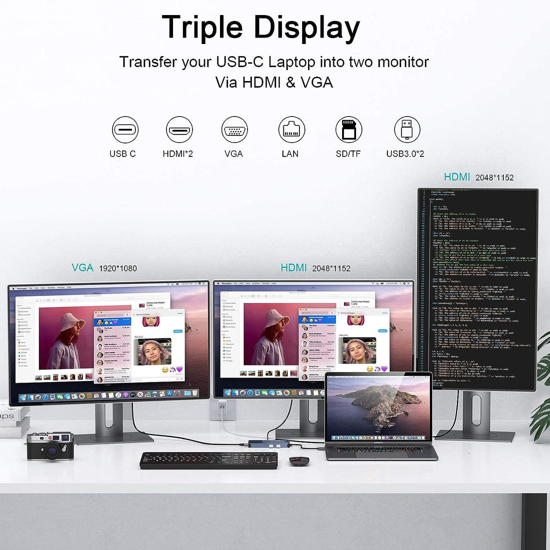 USB Docking Station GIQ USB C HUB USB 3.0 to Dual HDMI VGA Adapter Tri