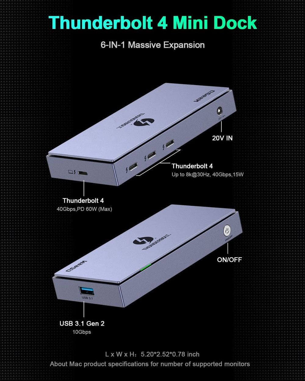 QGeeM TB4 Mini Docking Station (6-in-1, Thunderbolt 4)